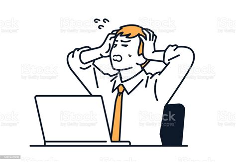 컴퓨터 앞에서 머리를 들고 있는 사업가의 벡터 일러스트 레이 션 자료 걱정하는에 대한 스톡 벡터 아트 및 기타 이미지 걱정하는 일러스트레이션 사람들 Istock
