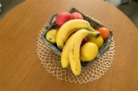 Basket With Fresh Fruits On Table In Kitchen Stock Image Image Of