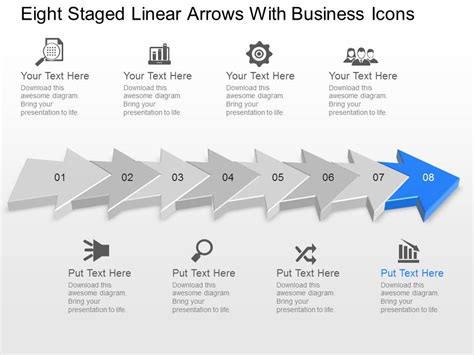 Oc Eight Staged Linear Arrows With Business Icons Powerpoint Template PowerPoint Slide Images
