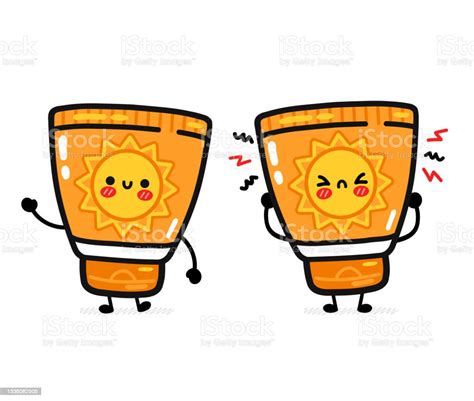 귀여운 재미 행복하고 슬픈 Suncreen 튜브 벡터 플랫 라인 만화 가와이 캐릭터 일러스트 아이콘 흰색 배경에 격리 자외선
