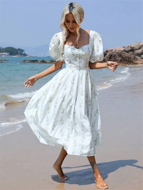 Shein Frenchy Floral Print Sweetheart Neck Puff Sleeve Dress Shein