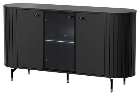 Komoda witryna z barkiem oświetleniem czarna nowoczesny design do salonu Komoda witryna z