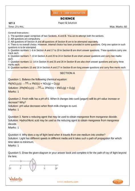 Previous Year Science Question Paper For Cbse Class 10 2009