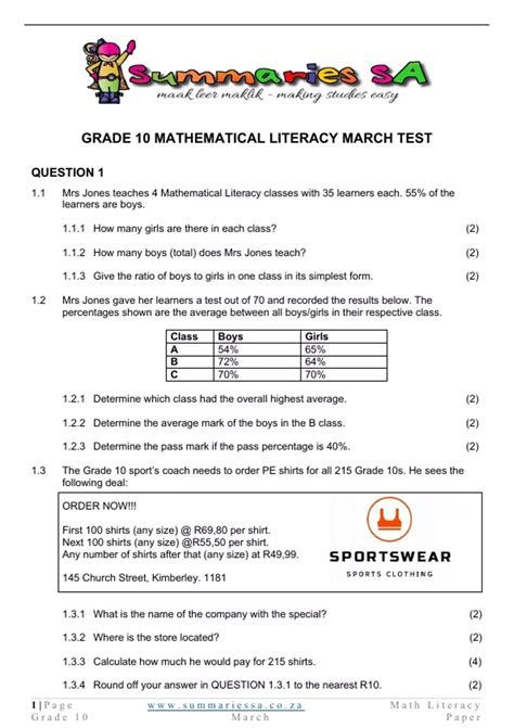 grade 10 mathematical literacy math lit march paper and memo 2024