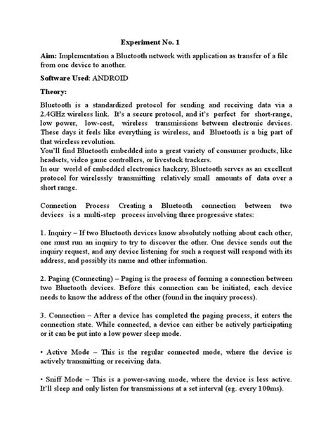 Experiment No 1 Aim Implementation A Bluetooth Network With Application As Transfer Of A File