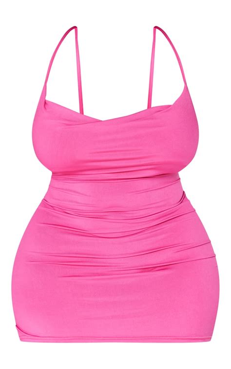 Plus Fuchsia Slinky Cowl Neck Bodycon Dress Prettylittlething