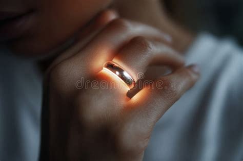 Smart Ring Glowing With Biometric Sensor Light On Human Finger Stock