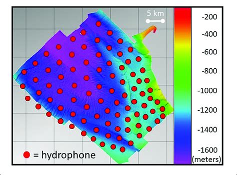 Bathymetry Of The Soar With Overlaid 89 Hydrophone Red Circles Download Scientific Diagram