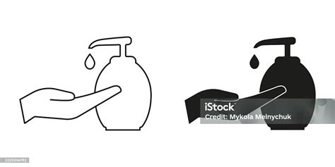소독을 위해 손 소독제를 사용합니다 손바닥은 소독제 젤 한 방울을 떨어뜨리고 손을 깨끗 하게하고 방부제 위생 상징 로고를 찍습니다 벡터 일러스트 Eps10 개념에 대한 스톡
