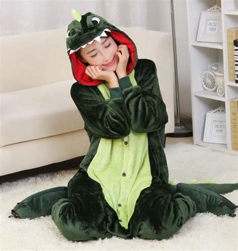 Cute Dinosaur Warm Flannel Pajamas Men Women Winter One Piece Sleepwear
