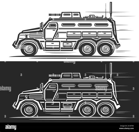 Vector Military Armored Vehicle Automotive Horizontal Banner With Monochrome Illustration Of