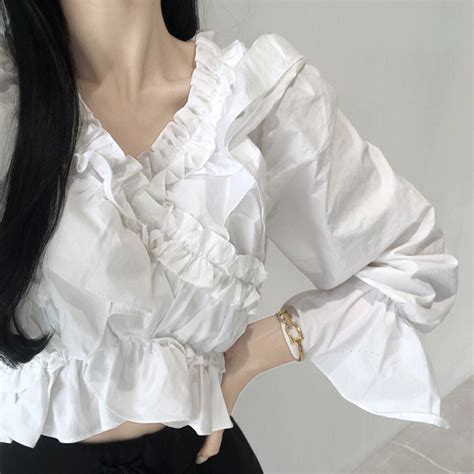 당일단독제작 브이 프릴 러플 크롭 블라우스 3color 에이블리