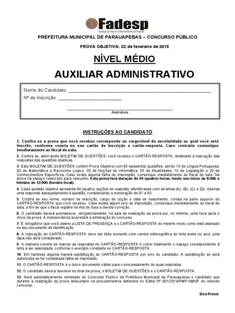 Auxiliar Administrativo Prova Pdf Administração Pública Cidade