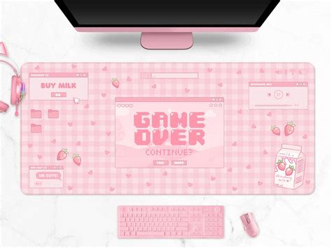 Strawberry Milk Desk Mat Kawaii Mousepad Cute Pastel Pink Gaming