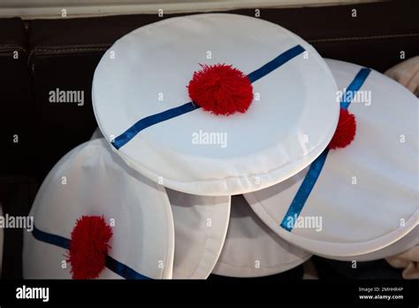 Sailor Beret With Red Pom Pom Nautical Cap Marines Hat White And Blue
