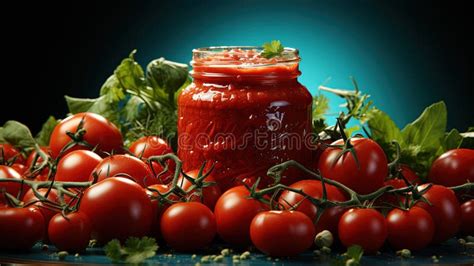 Organic Fresh Tomato Paste With Tomatoes And Leaves On Bowl Background Defocused Stock