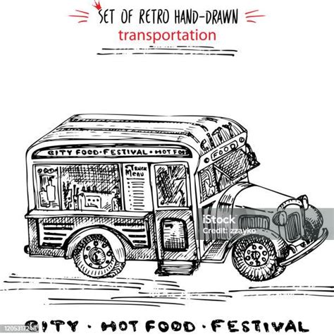 흰색 배경에 고립 된 에 손으로 그린 푸드 트럭 빈티지 스케치 수송 자동차입니다 칠판 디자인 축제 층 웹 배너 도시 카페 장식 거리 바 메뉴 복고풍 포스터에 대한 좋은 생각
