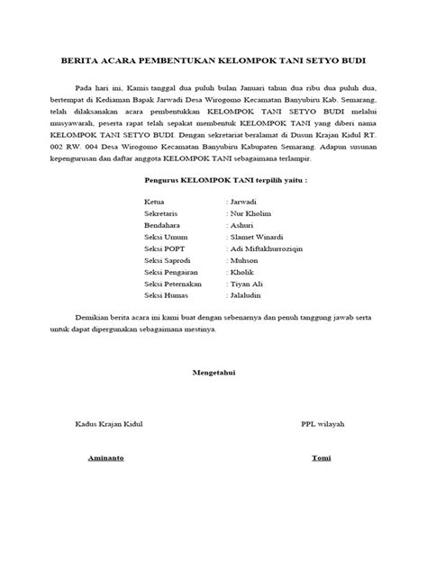 Berita Acara Pembentukan Kelompok Tani Setyo Budi Pdf