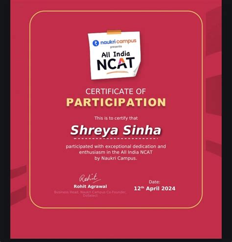 Shreya Sinha On Linkedin Ncat Participation Certificate