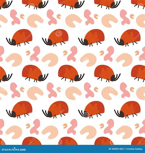 Red Bug Seamless Pattern Vector Illustration With Abstract Shapes Stock