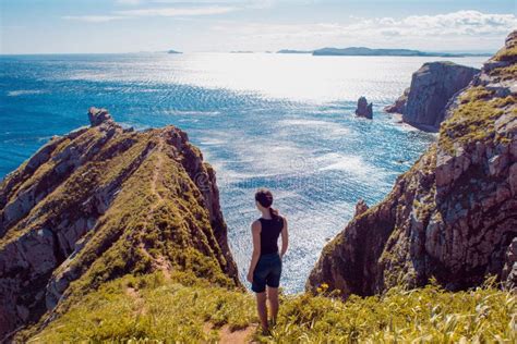 Unity With Nature Girl On Background Of Beautiful Wildlife Sea And
