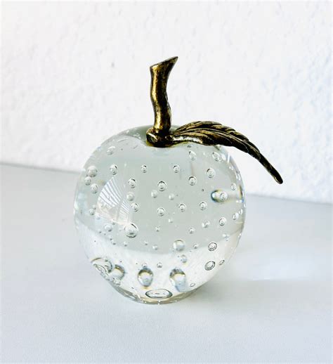 Vintage Clear Glass Apple Paperweight Controlled Bubbles W Brass Stem