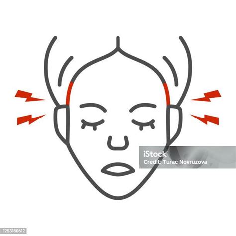 템플 통증 얇은 라인 아이콘 헬스케어 개념 흰색 배경에 편두통 기호 모바일 개념 및 웹 디자인을위한 윤곽 스타일에서 번개 아이콘