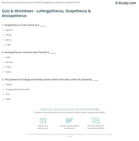 Quiz And Worksheet Lufengpithecus Sivapithecus And Anoiapithecus