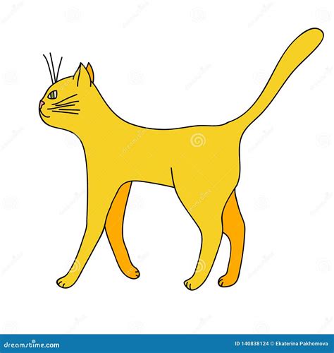 Hand Drawn Yellow Cartoon Walking Cat Isolated On White Background
