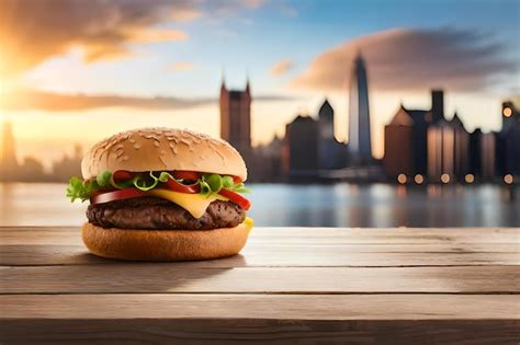 Premium Ai Image Closeup Home Made Beef Burger On Wooden Table