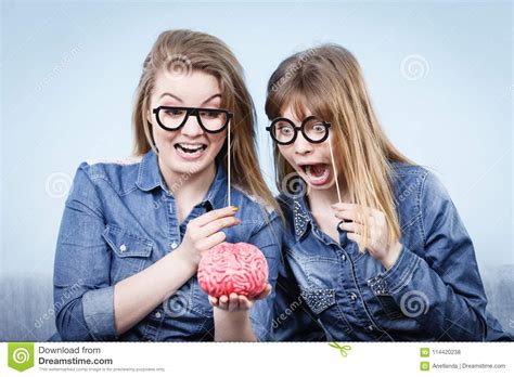 Two Crazy Women Friends Thinking Stock Photo Image Of Blonde