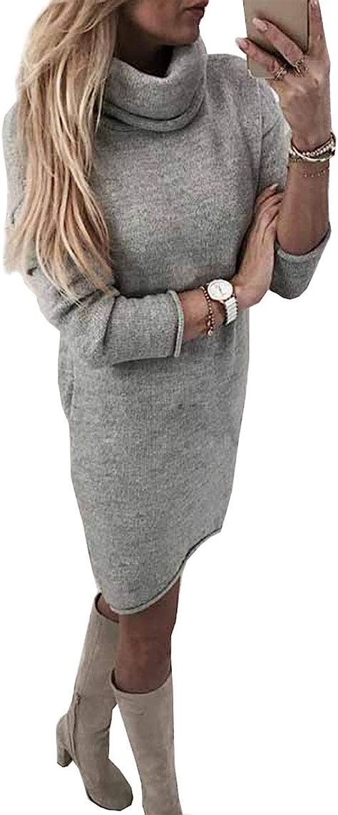 Rollkragenpullover Sweater Damen Strickkleider Oversize Knit Long