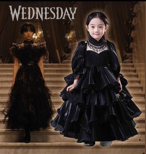 Wednesday Addams Prom Dress Black Satin Layer Cake Long Sleeves Dress