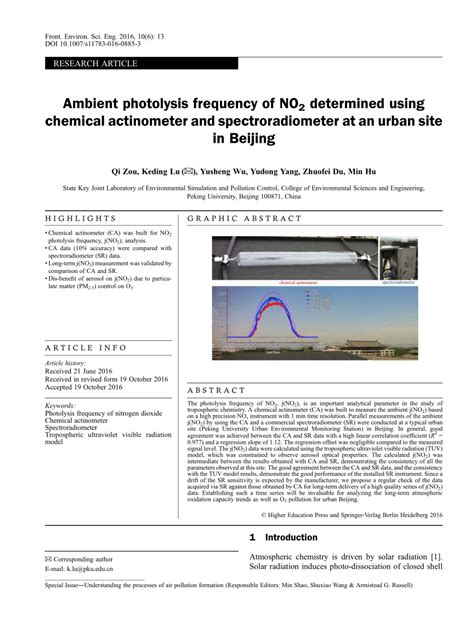 Pdf Ambient Photolysis Frequency Of No2 Determined Using Chemical Actinometer And