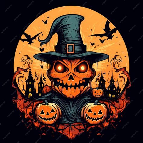 Premium Ai Image Skull Wearing Witches Hat With Pumpkins In Front Of