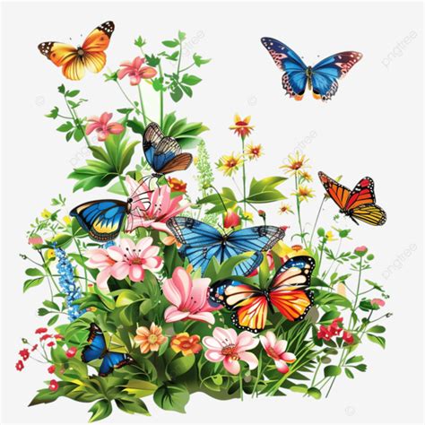 화려한 나비와 정원의 꽃 나비 분홍색 파란색 Png 일러스트 및 이미지 에 대한 무료 다운로드 Pngtree