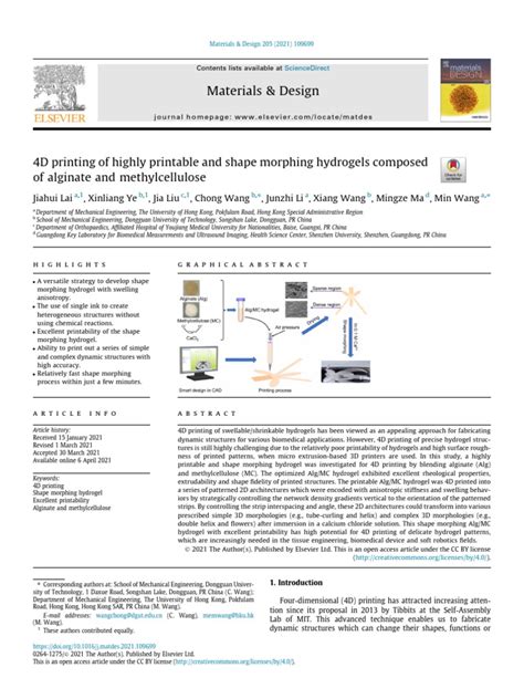 4d Printing Of Highly Printable And Shape Morphing Hydrogels Composed
