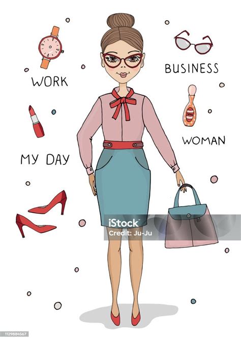 Accessorieson 흰색 배경 세트와 사무실 옷에서 벡터 일러스트 레이 션 귀여운 비즈니스 우먼 가방에 대한 스톡 벡터 아트 및 기타 이미지 Istock