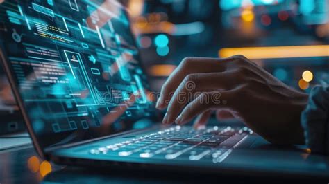 Close Up Of A Person S Hands Typing On A Laptop Keyboard With The Screen Displaying Futuristic