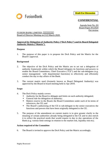 Draft Board Paper Approval For Delegation Of Authority Policy With
