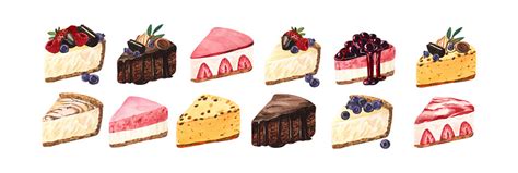 수채화 세트 디저트 다채로운 달콤한 케이크 신선한 딸기를 곁들인 치즈 케이크 조각 손으로 그린 그림은 흰색 배경에 분리되어 있습니다 완벽한 음식 메뉴 음식 그림 디자인 포장