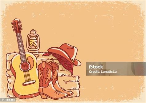 컨트리 음악 빈티지 포스터 배경 어쿠스틱 기타와 미국 카우보이 부츠와 카우보이 모자 짚과 건초에 벡터 손으로 그리기 국가 농장