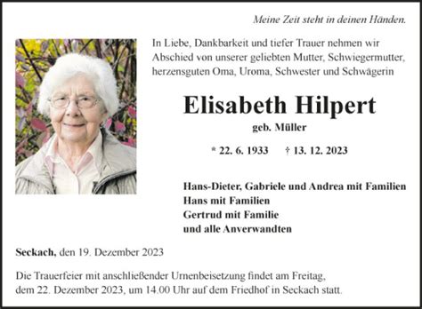 Traueranzeigen Von Elisabeth Hilpert Trauerportal Ihrer Tageszeitung