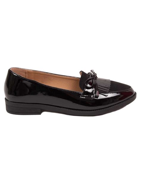 Mocassins Femme Vernis Noir à Franges Bouts Pointus Primtex