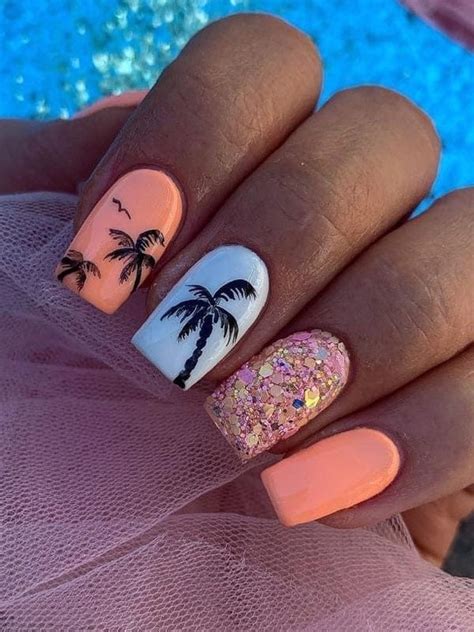 Coral Nails Wit Palm Trees Tropical Nail Designs Beach Nail Designs