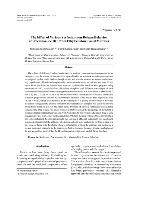 Pdf The Effect Of Various Surfactants On Release Behavior Of