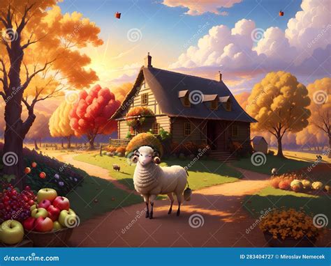 Autumn Countryside Landscape With Sheeps Generative Ai Illustration