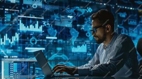 Premium Photo Data Scientist Programmer Using Laptop Analyzing Financial Data On Futuristic