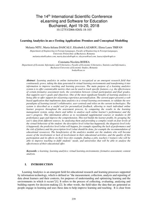 PDF LEARNING ANALYTICS IN AN E TESTING APPLICATION PREMISES AND CONCEPTUAL MODELLING