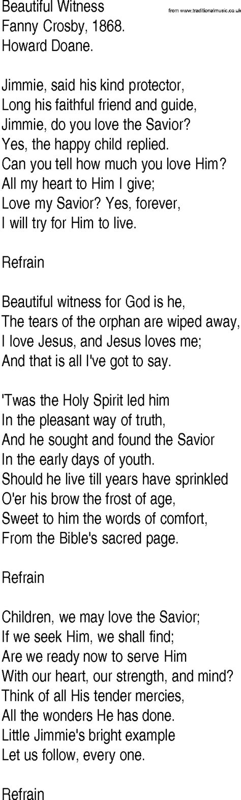 Hymn And Gospel Song Lyrics For Beautiful Witness By Fanny Crosby